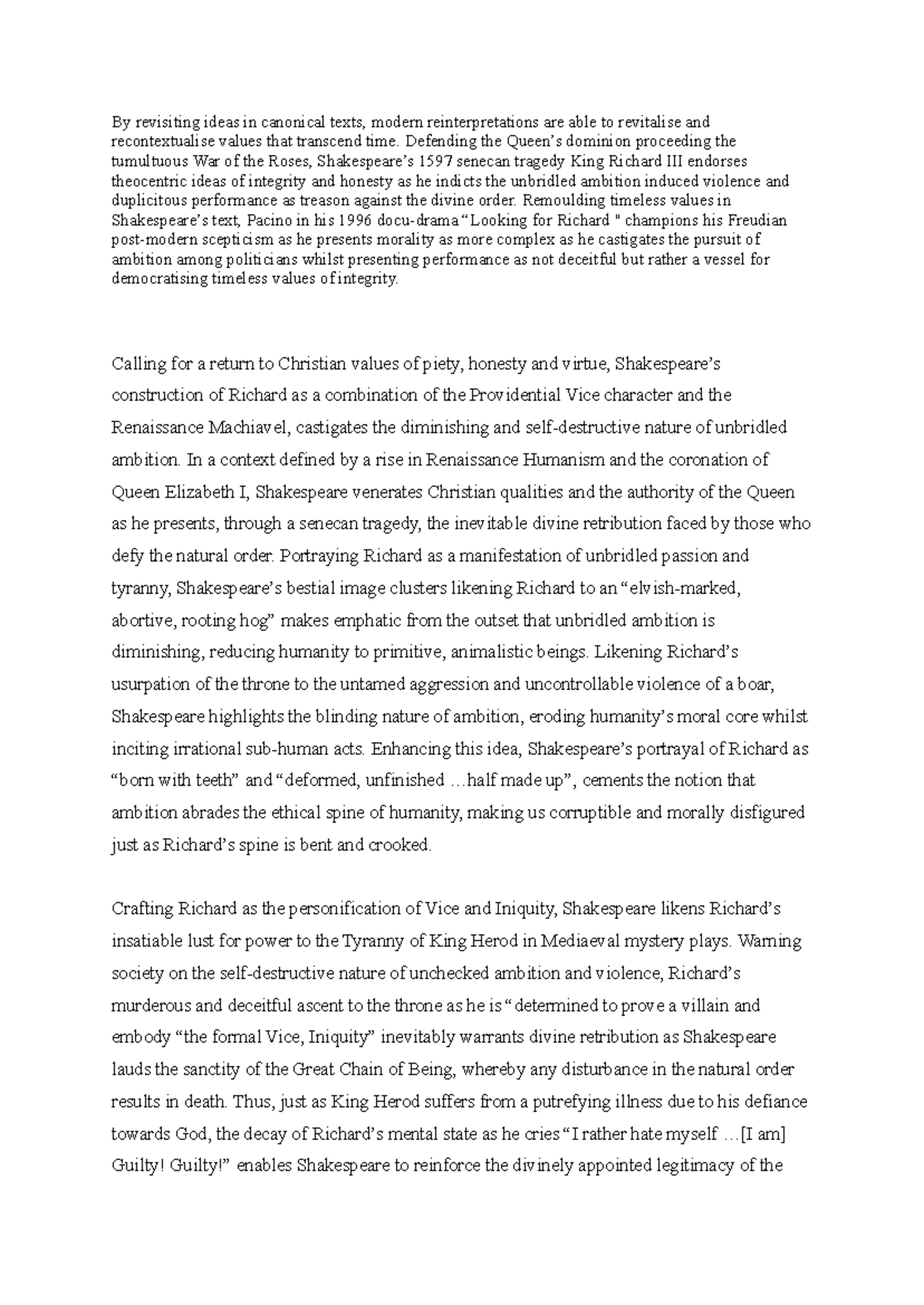 English Year 12 Essay: Reinterpreting King Richard III's Themes - Studocu