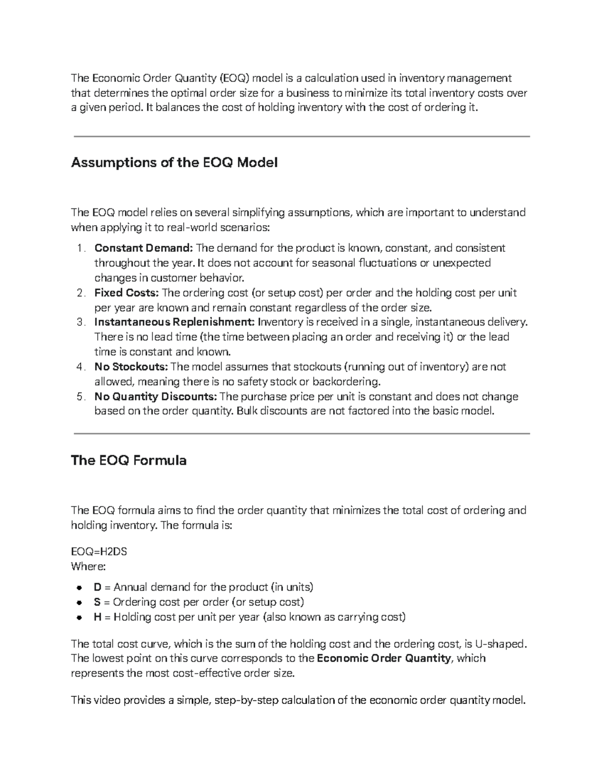 EOQ Model Assumptions & Formula Overview for Inventory Mgmt - Studocu