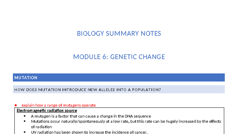 Biology Summary Notes - Mod 6: Genetic Change & Mutation Insights - Studocu