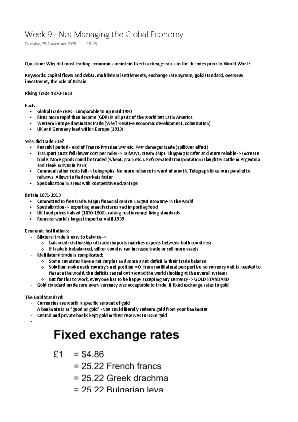 Week 9 - Fixed Exchange Rates Before WWI: Economic Insights - Studocu