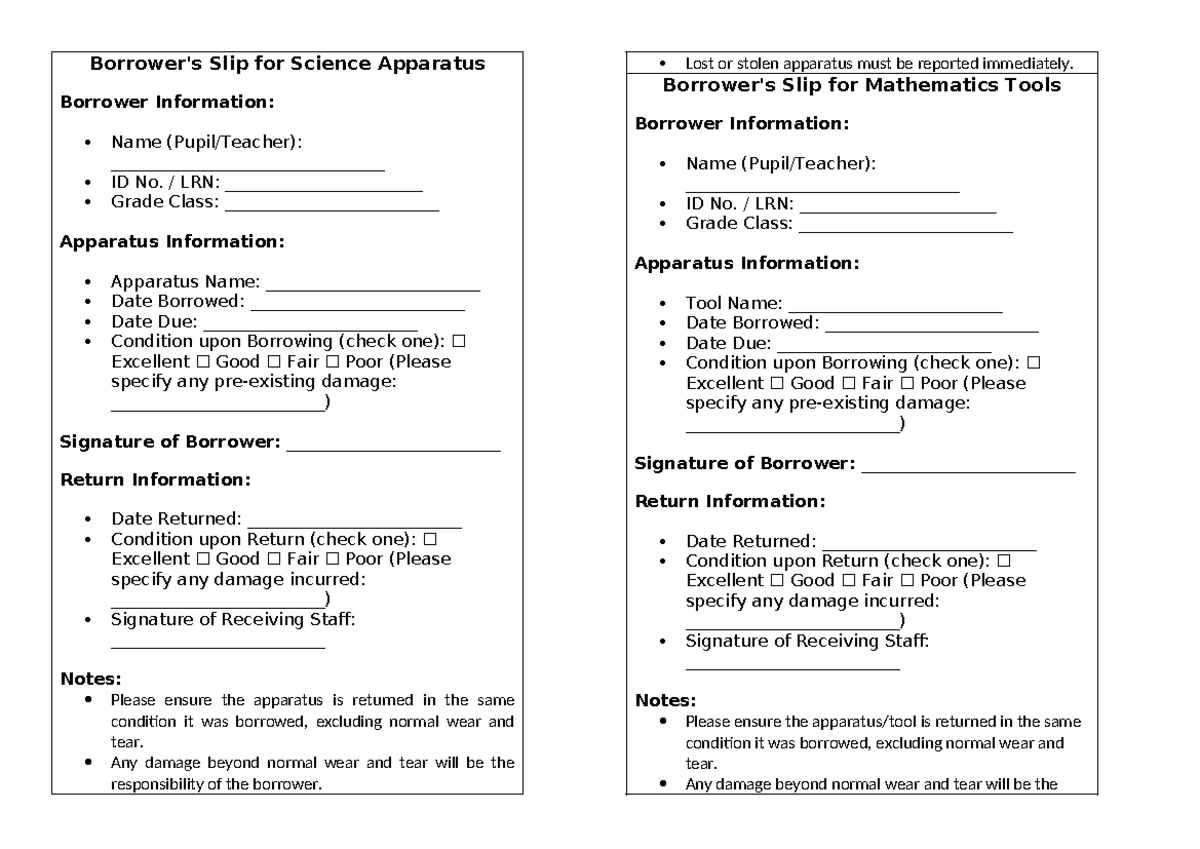 Borrower's Slip for Science & Math Tools - SLP - Studocu