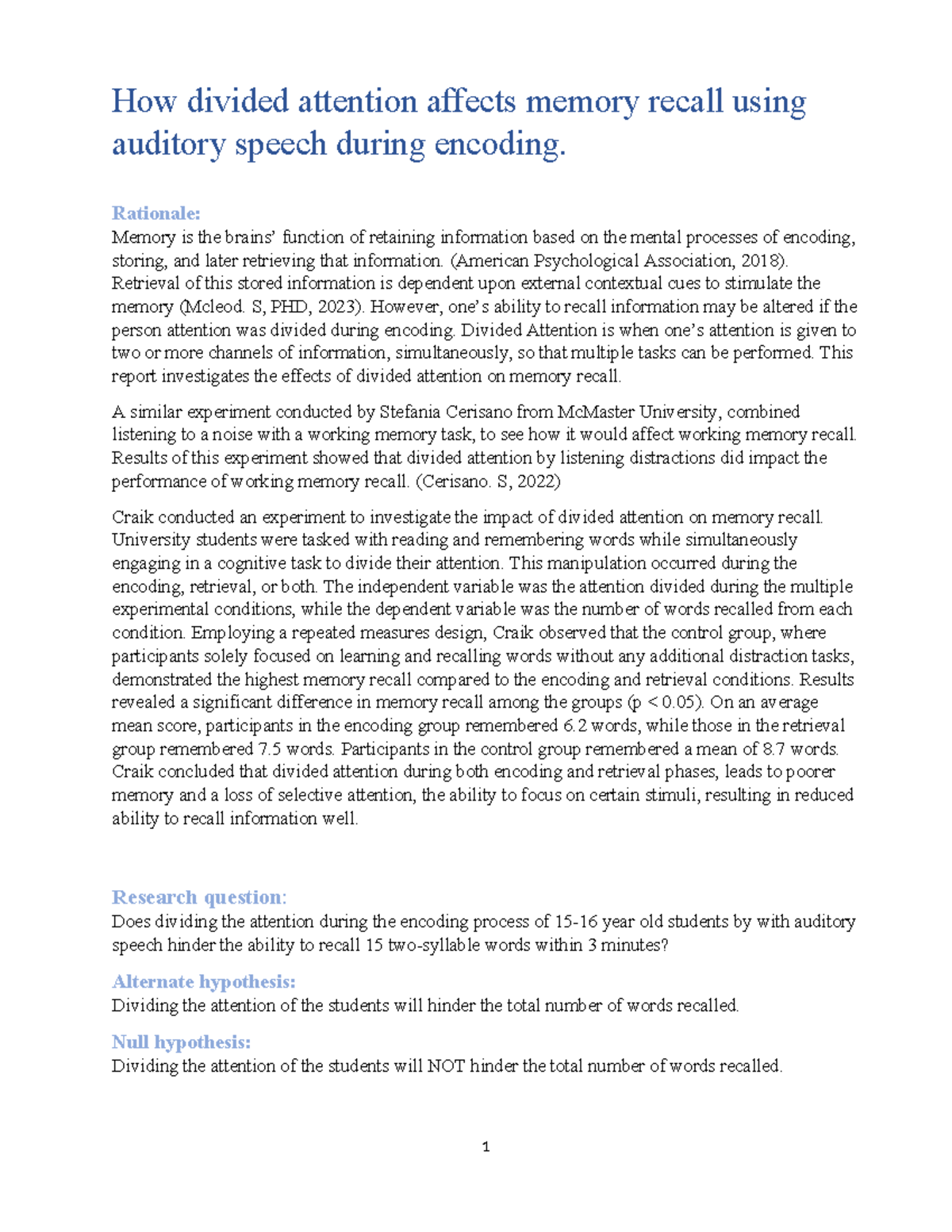 Effects of Divided Attention on Memory Recall in Year 11 Students FIA2 ...