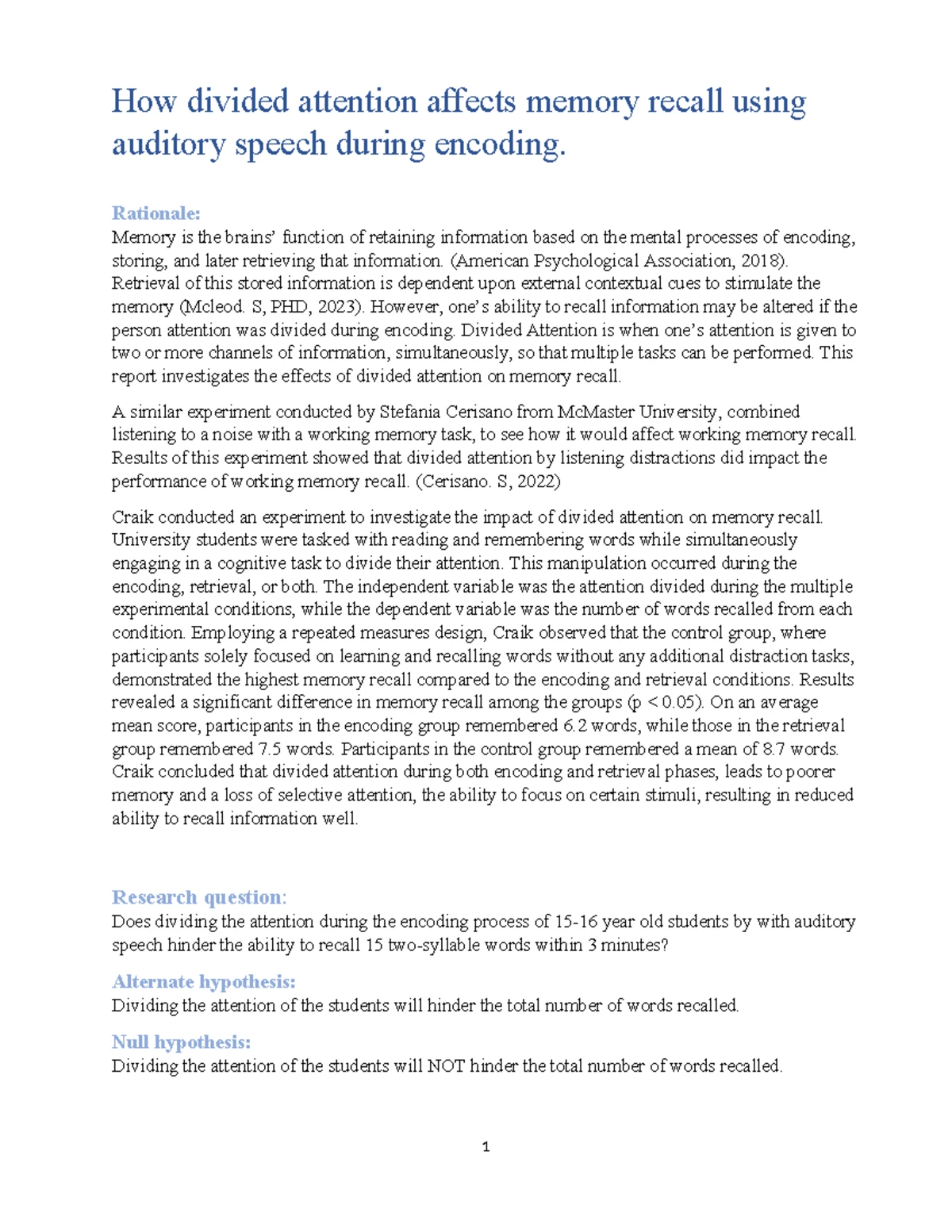 Effects of Divided Attention on Memory Recall in Year 11 Students FIA2 - Studocu