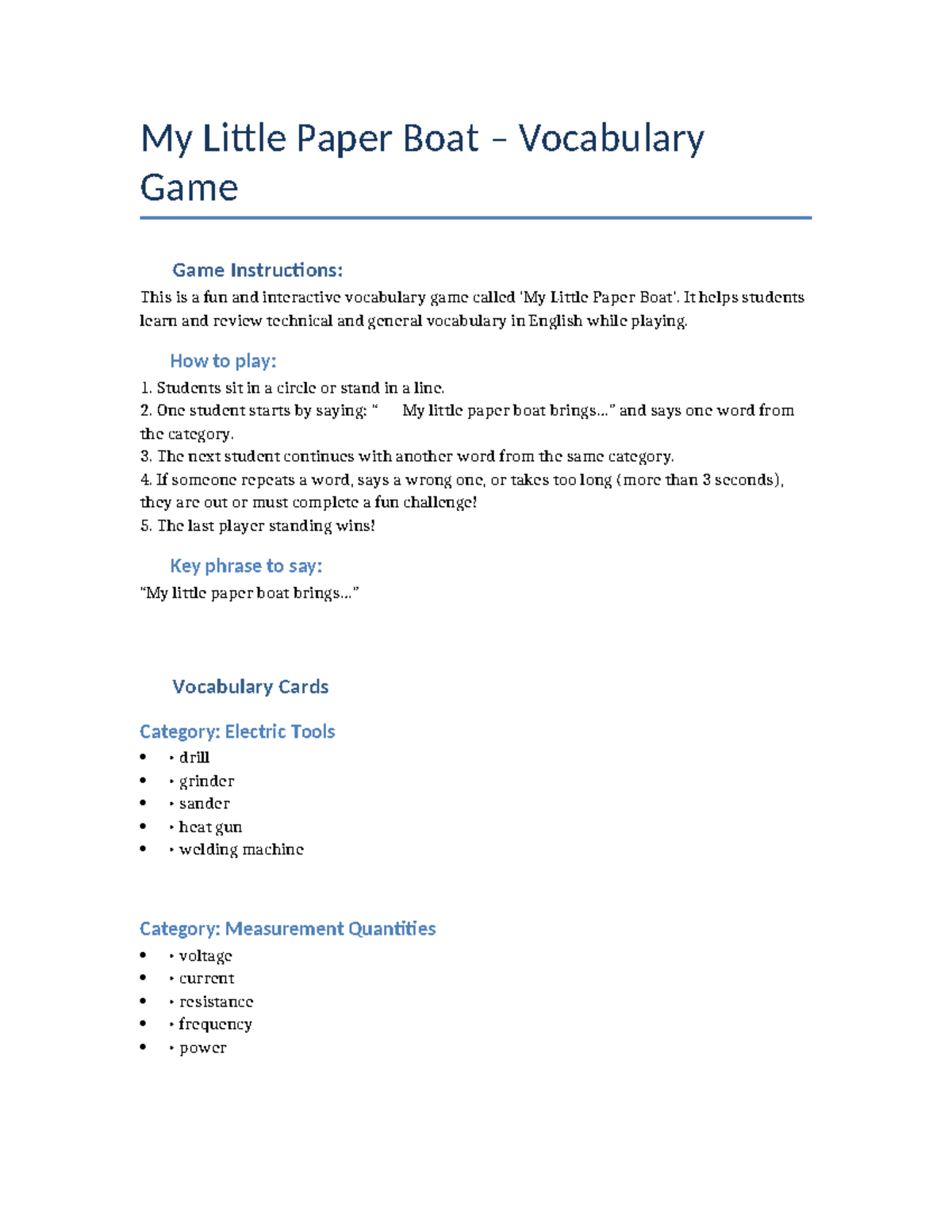 My Little Paper Boat Vocabulary Game Instructions - Studocu