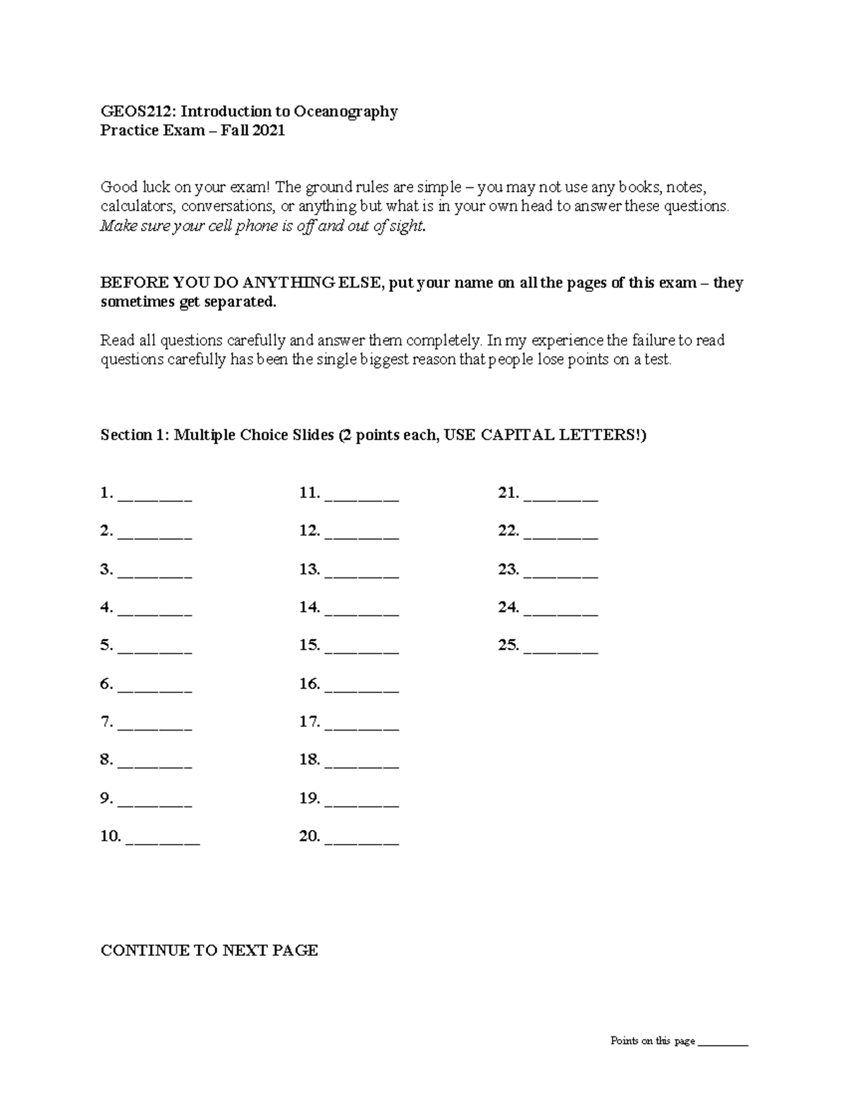 GEOS212: Oceanography Practice Exam F21 - Study Guide - Studocu
