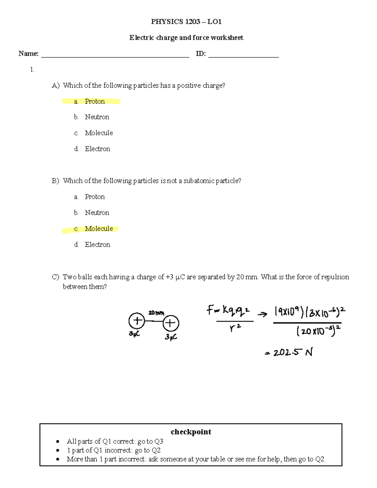 PHYSICS 1203 - LO Electric Charge & Force Worksheet - Studocu