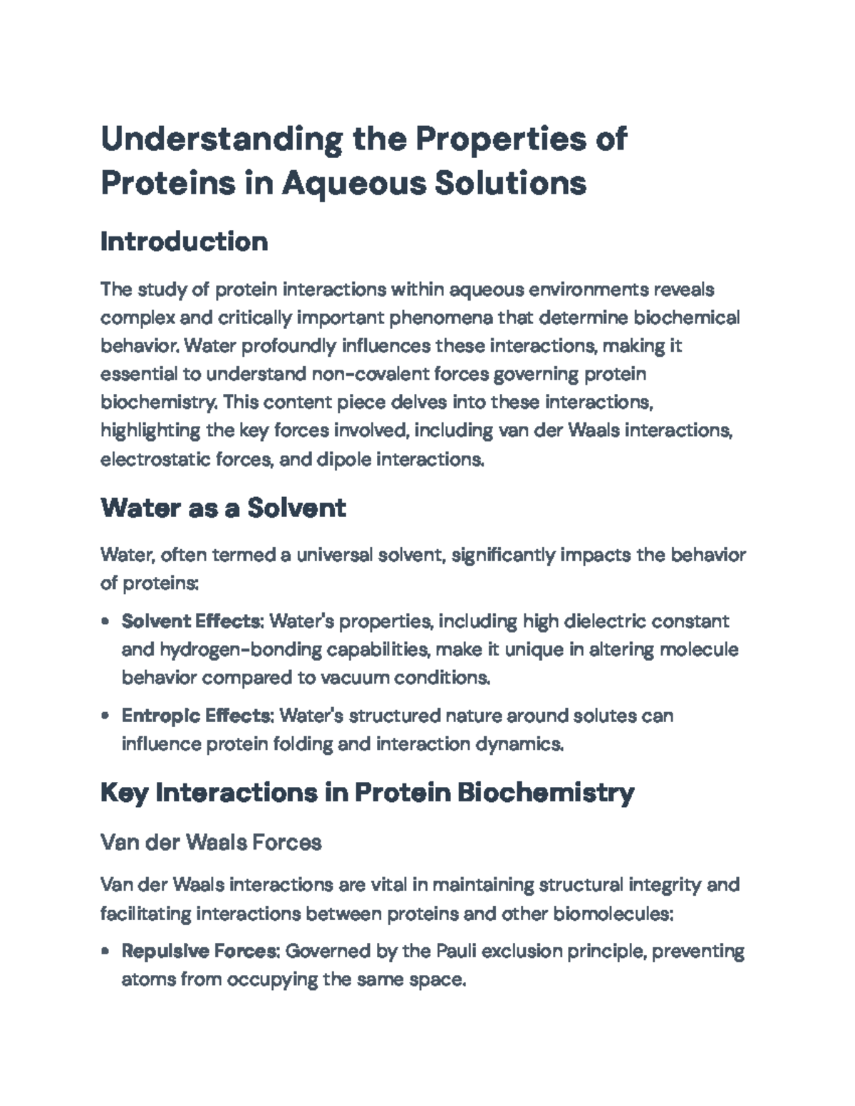 Understanding Non-Covalent Interactions of Proteins in Aqueous ...