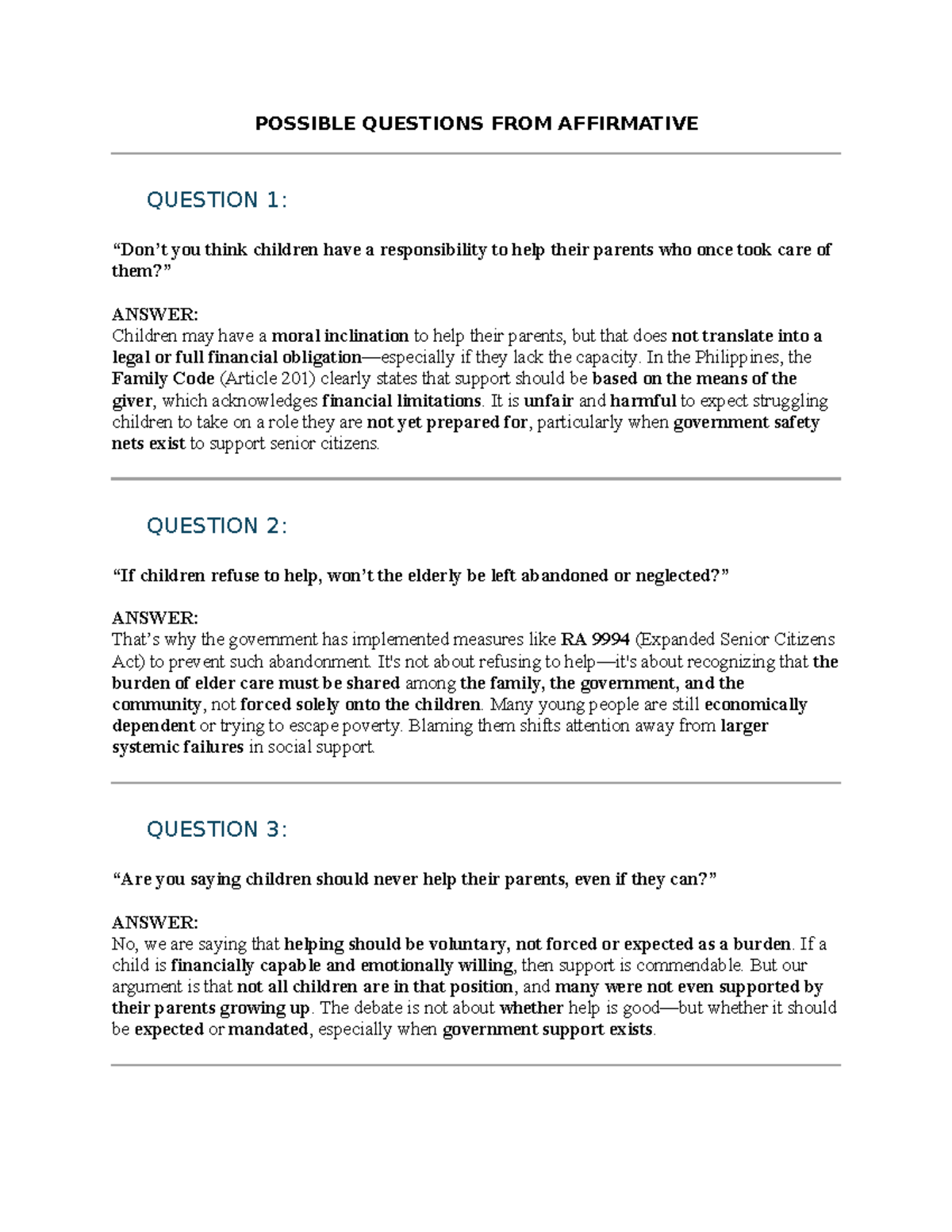 Affirmative Questions on Child Responsibility to Parents: Insights and ...