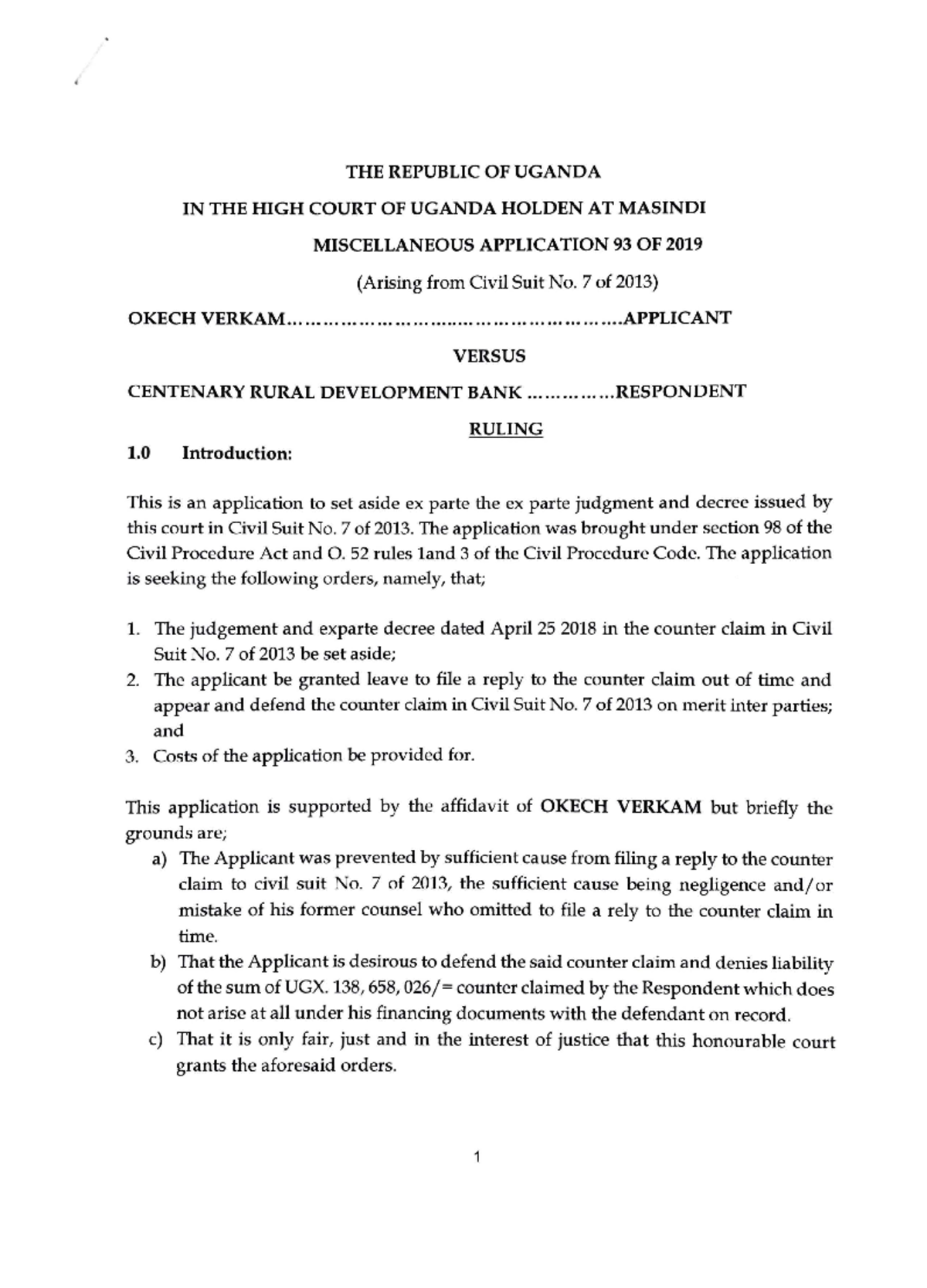 MISC. APPLICATION 93/2019: Request to Set Aside Ex Parte Judgment - Studocu
