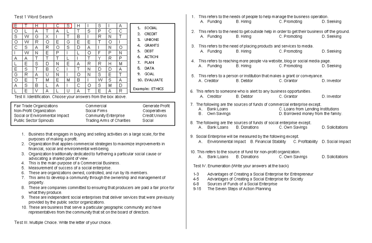 Beasr 2nd Long Quiz: Social Enterprise Concepts & Funding - Studocu
