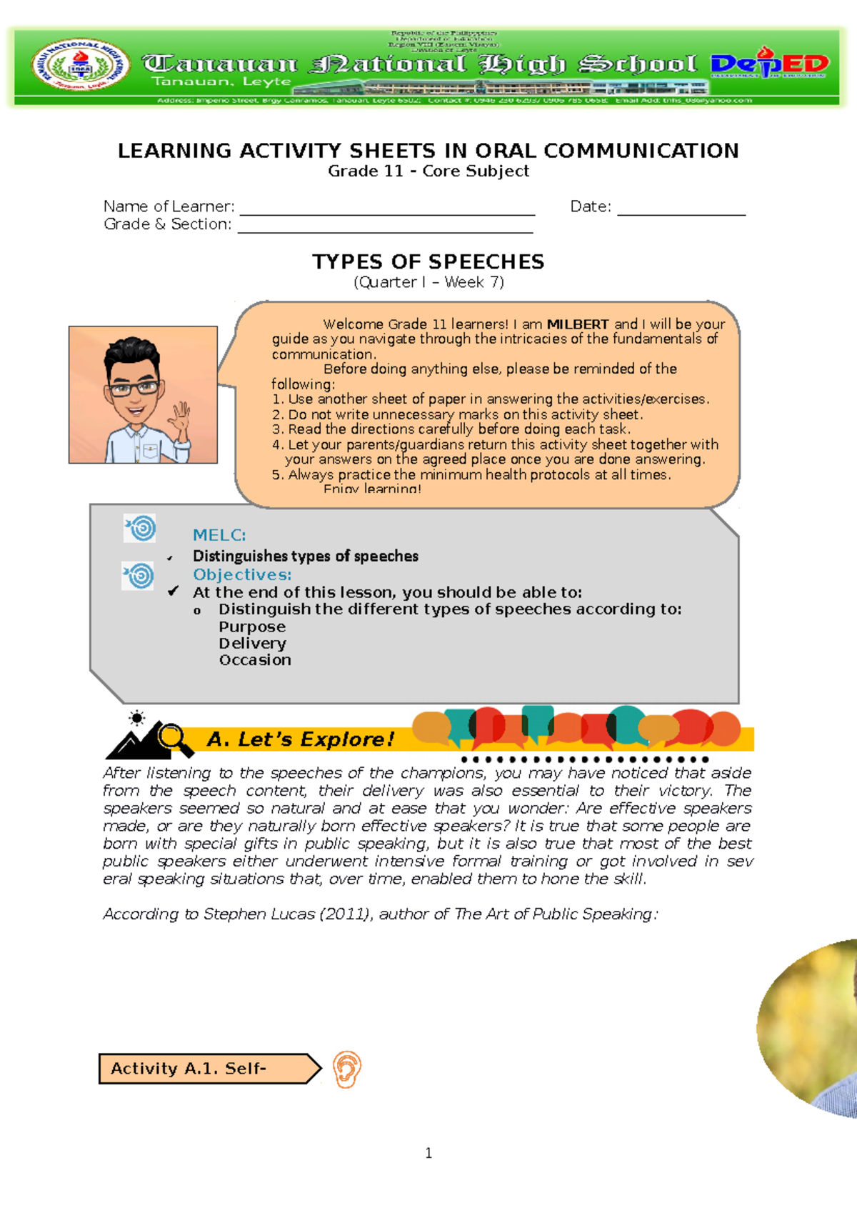 OCC 11 - Week 7 Learning Activity Sheet: Types of Speeches - Studocu