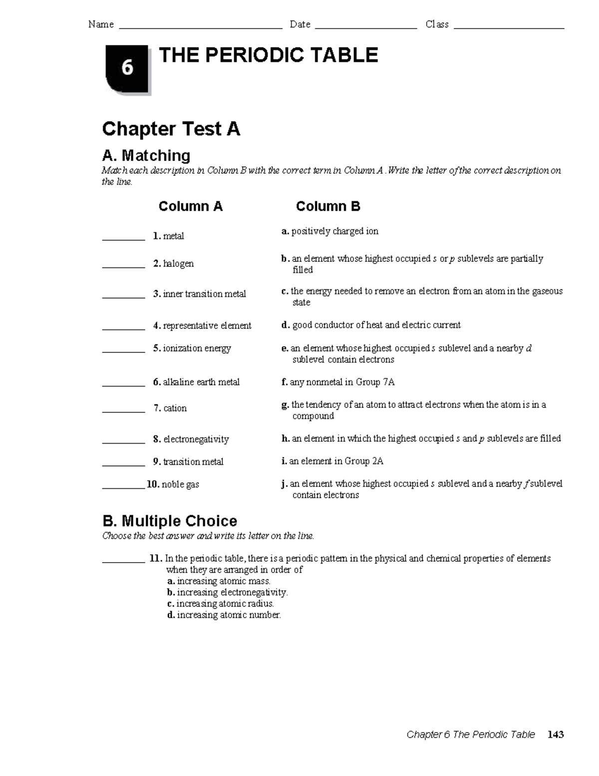T-6.1A The Periodic Table Chapter Test A: Matching & MCQs - Studocu