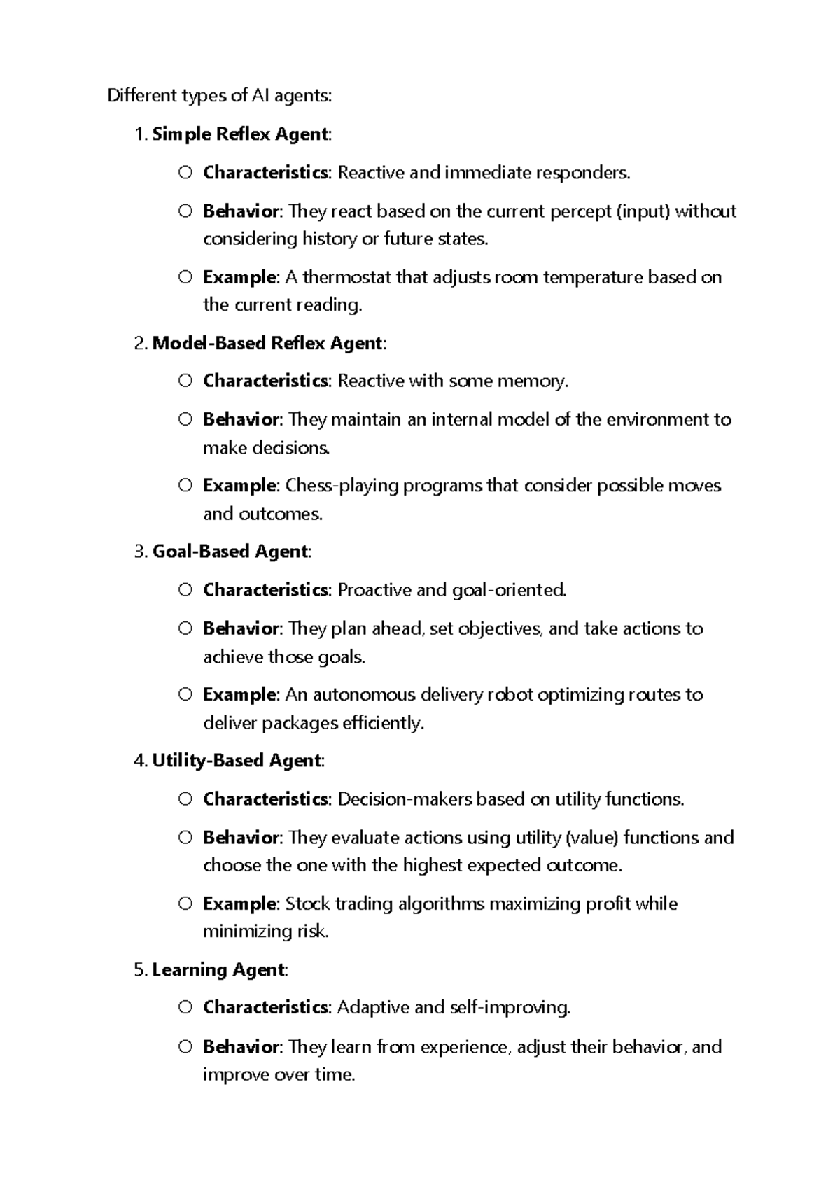 Ai Practical Different Types Of Ai Agents 1 Simple Reflex Agent Characteristics Reactive