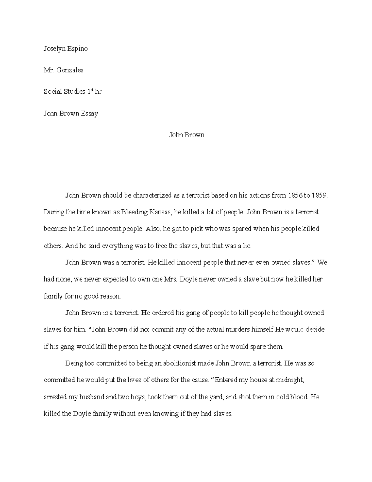 DBQ: John Brown's actions and their implications as terrorism - Studocu