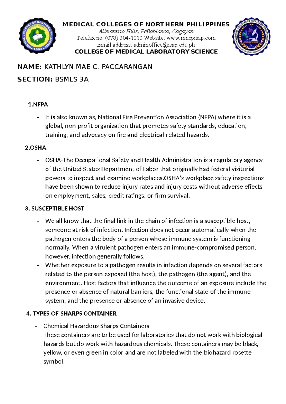 BSMLS 3A Final Exam Notes: Safety Standards & Infection Control - Studocu