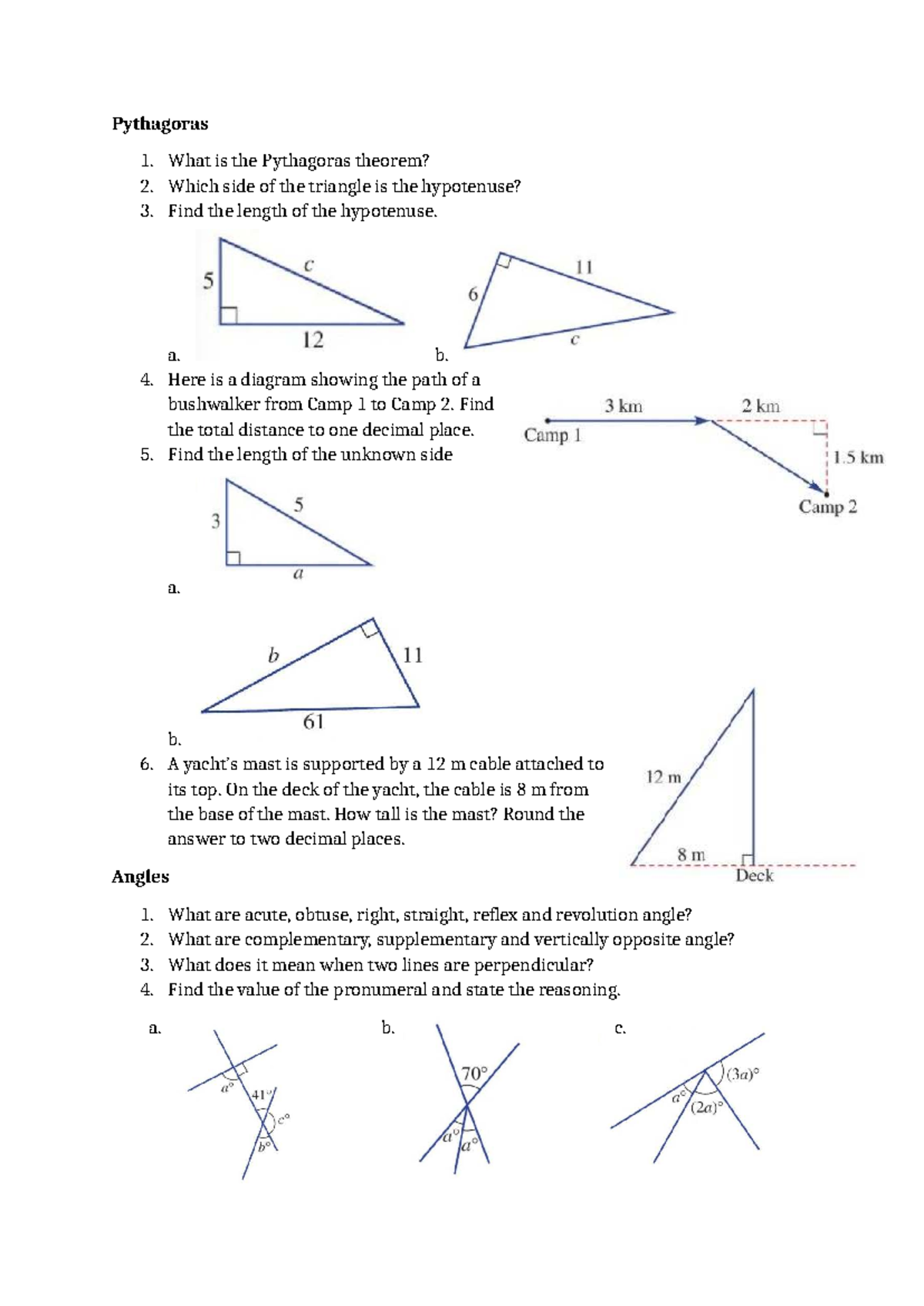 Year 8 Math Content Test: Pythagoras, Angles, and Geometry Concepts ...