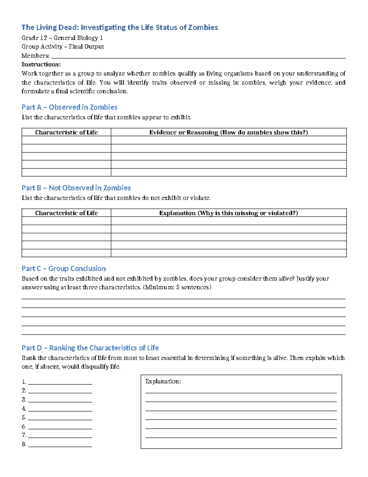 Zombie Life Status: Grade 12 Bio 1 Group Activity Final Output - Studocu
