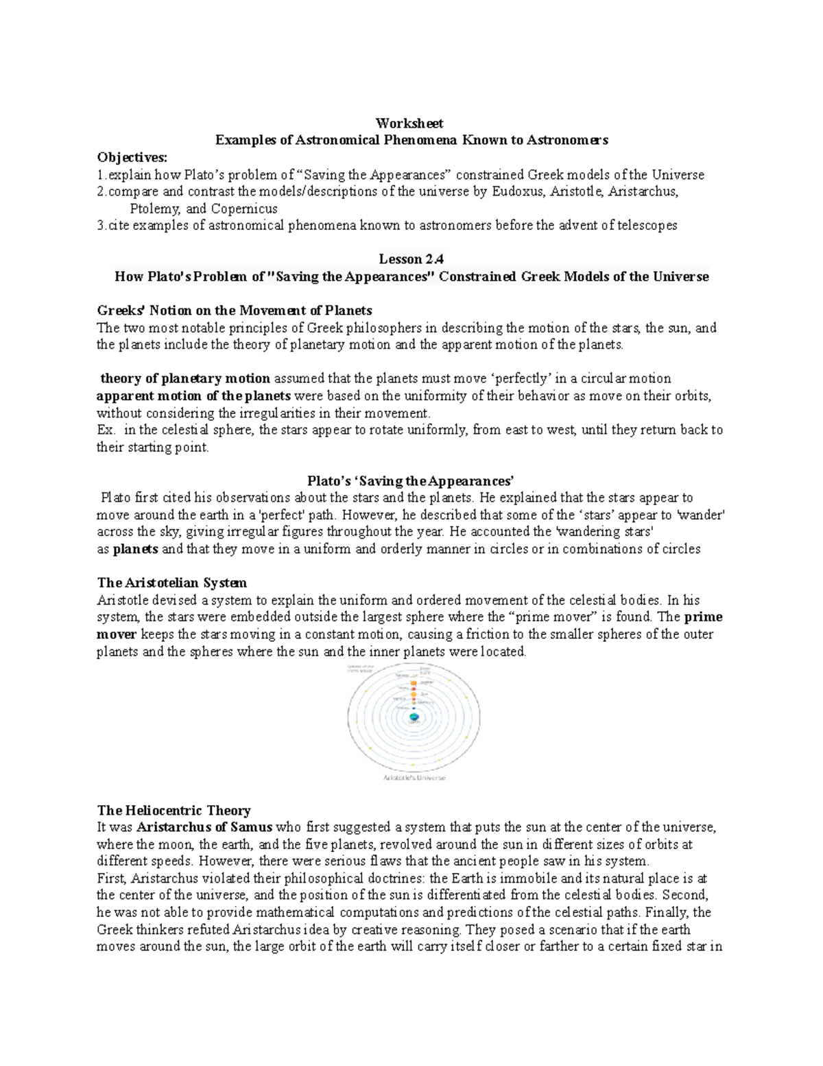 Worksheet(Examples of Astronomical Phenomena Known to Astronomers ...