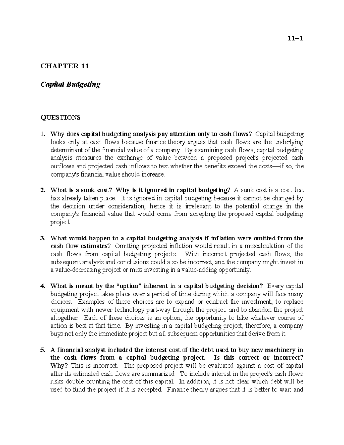 Chapter 11 - Capital Budgeting Solutions and Analysis - Studocu