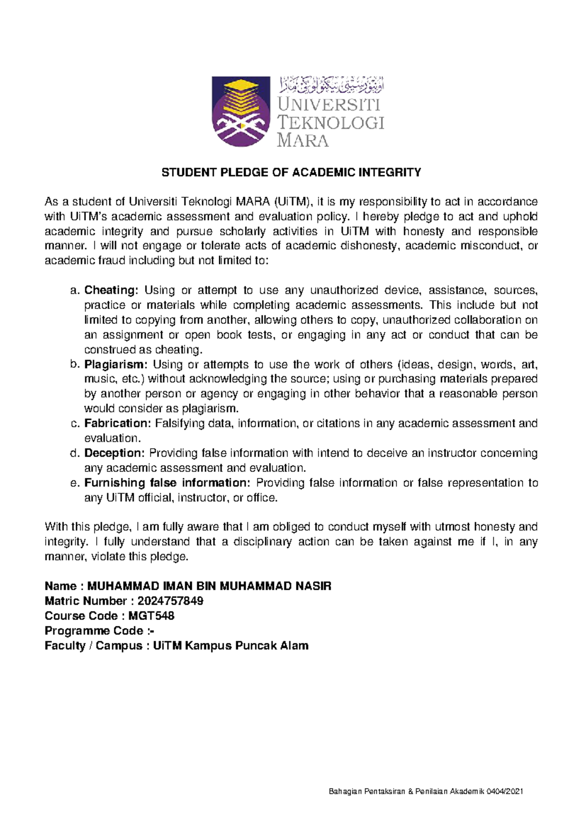 MGT548 Student Pledge of Academic Integrity and Honesty - Studocu