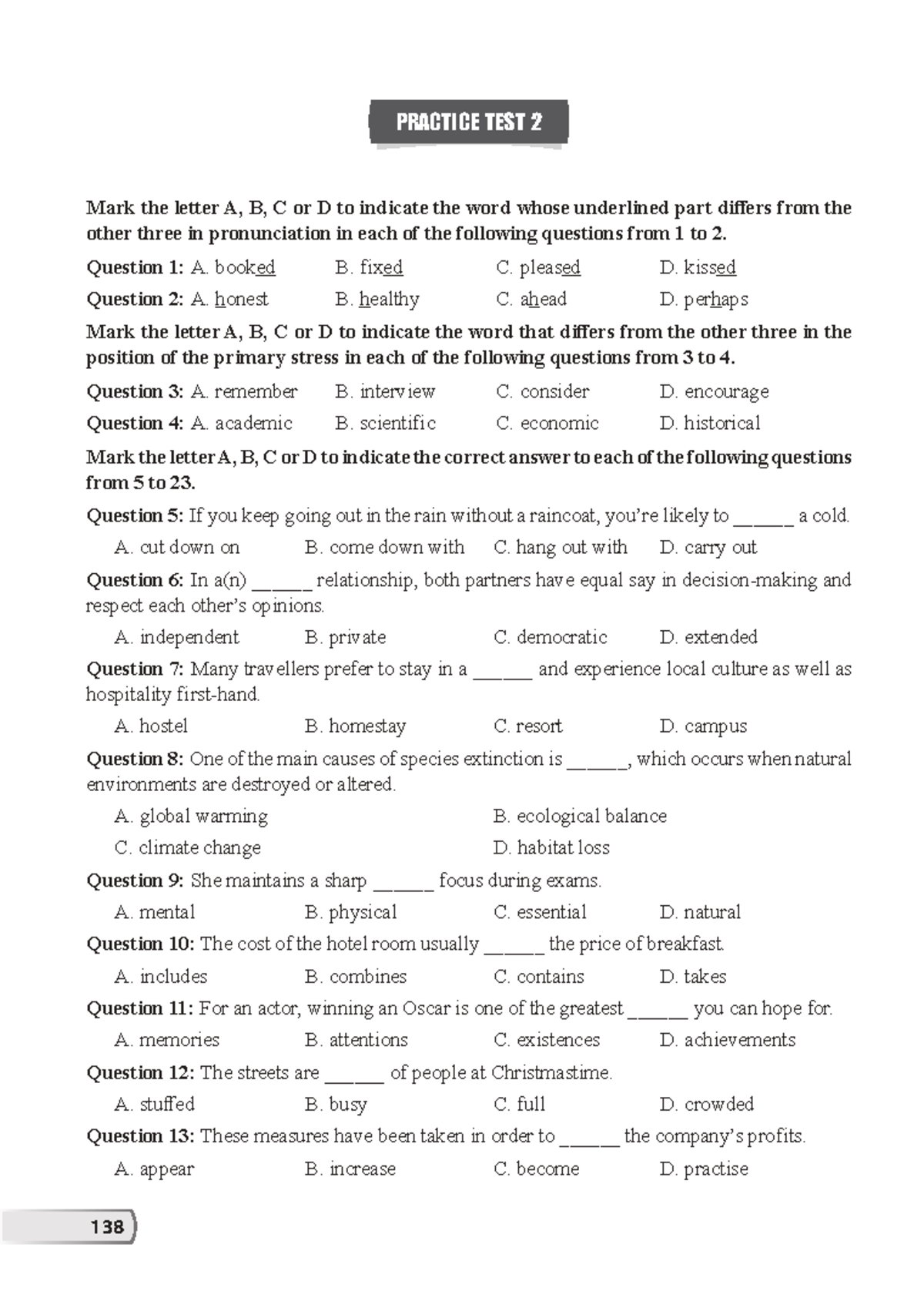 PRACTICE TEST 2: Pronunciation and Stress Questions for English 10 ...