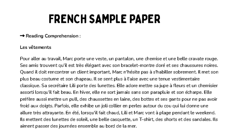 FRENCH 101 SAMPLE PAPER: Reading Comprehension on Vêtements - Studocu