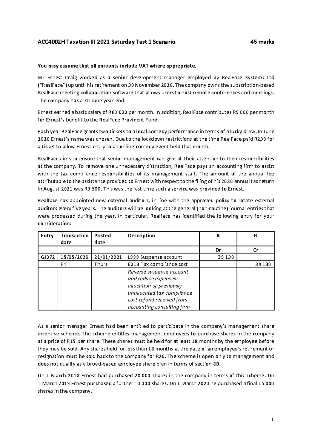 ACC4002H Tax III - 2021 Saturday Test 1 Scenario Analysis - Studocu
