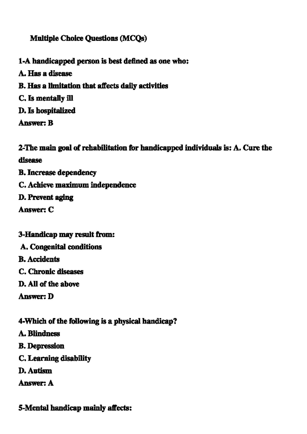 اسئلة متعددة الخيارات حول محاضرة Handicapped - Studocu