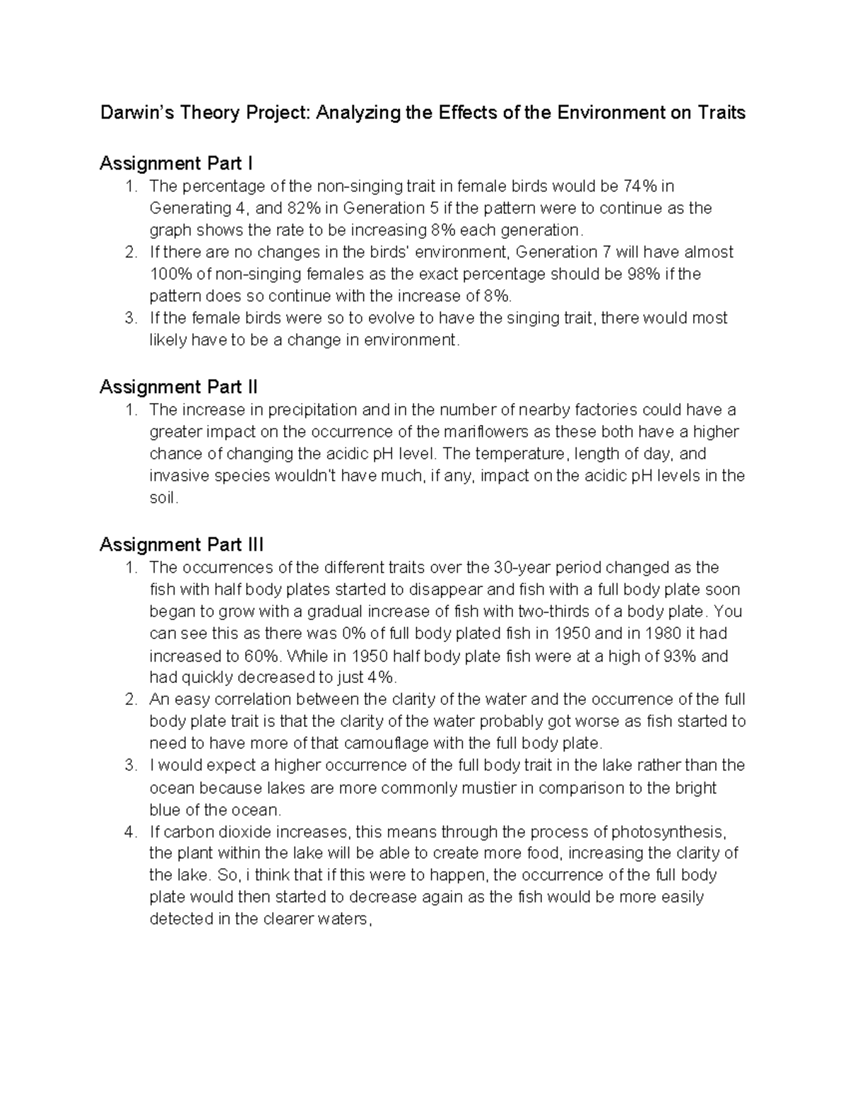 Darwin's Theory Project: Environmental Effects on Traits Analysis - Studocu
