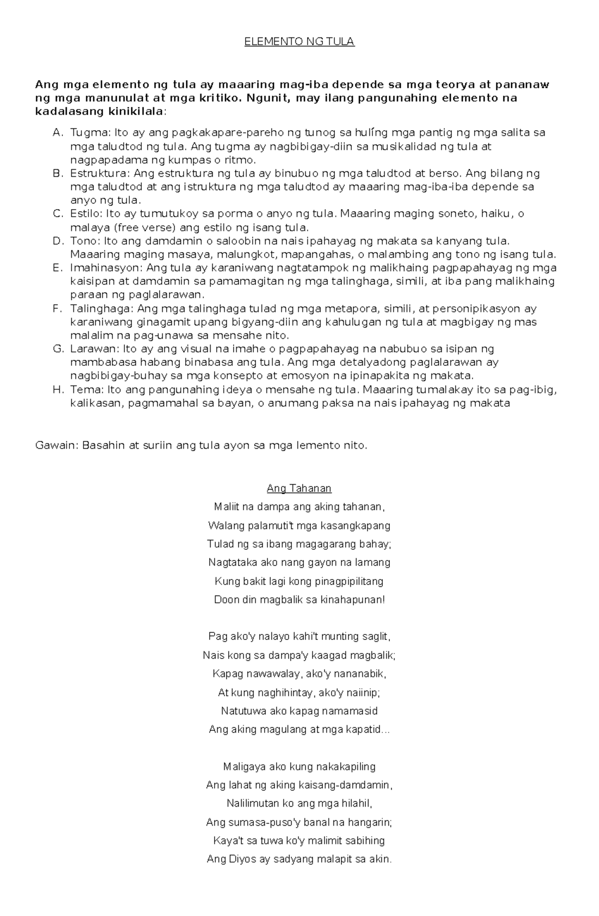 Elemento ng Tula: Mga Pangunahing bahagi at Pagsusuri (FIL 101) - Studocu
