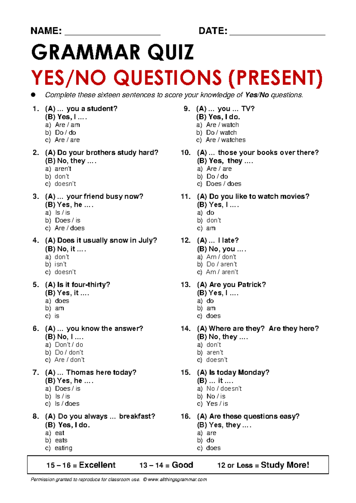 Grammar Quiz: Yes/No Questions (Present) - Practice Questions - Studocu