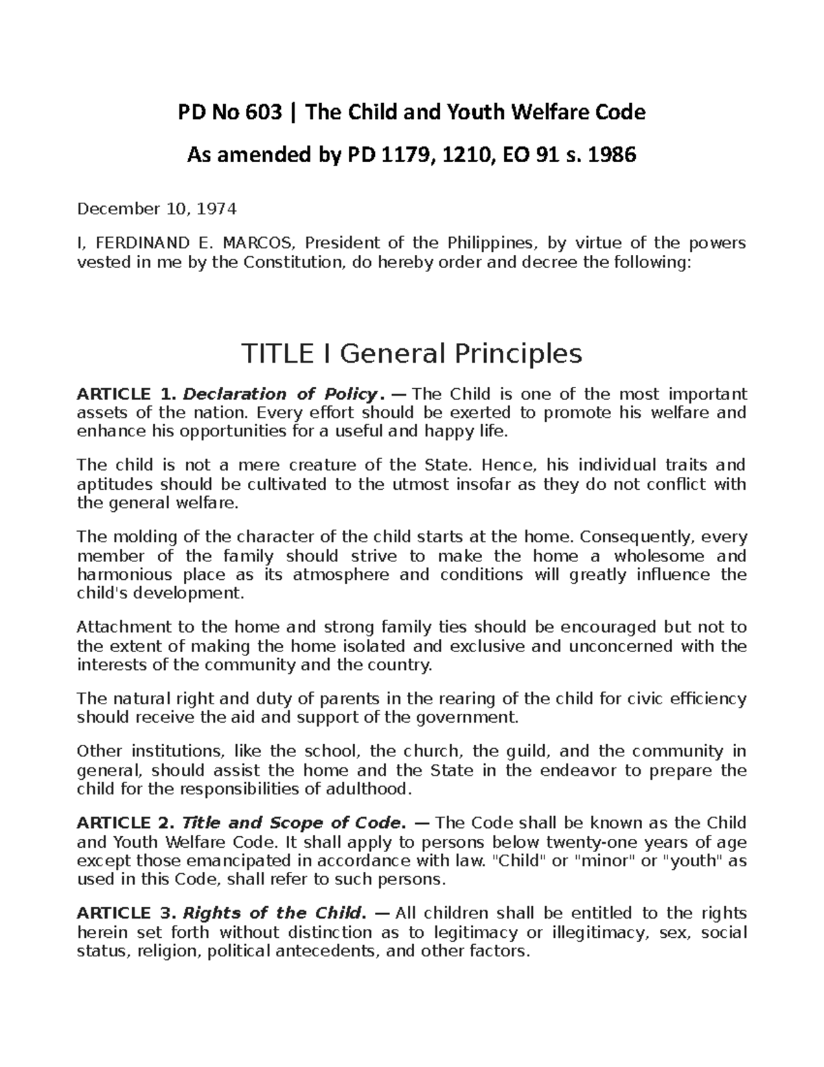 PD No 603: The Child and Youth Welfare Code - Amendments Overview - Studocu