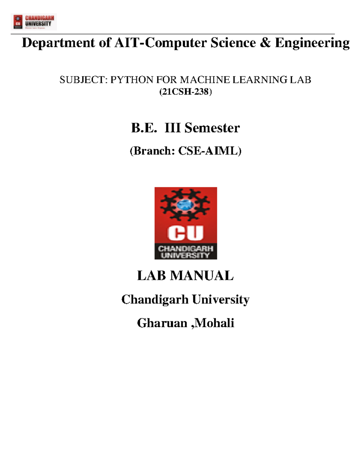 Python for Machine Learning Lab Manual (21CSH-238, Final) - Studocu