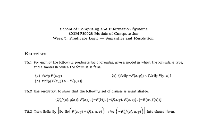 COMP30026 Models of Computation Week 5: Predicate Logic Exercises - Studocu