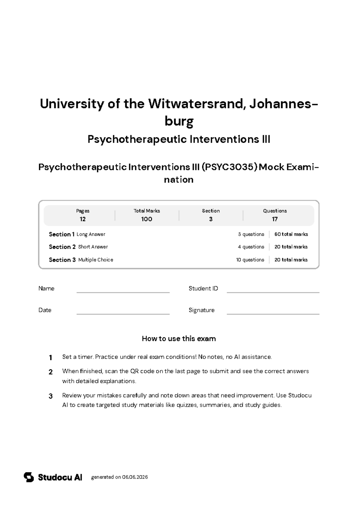 PSYC3035 Mock Exam: Psychotherapeutic Interventions III - Studocu
