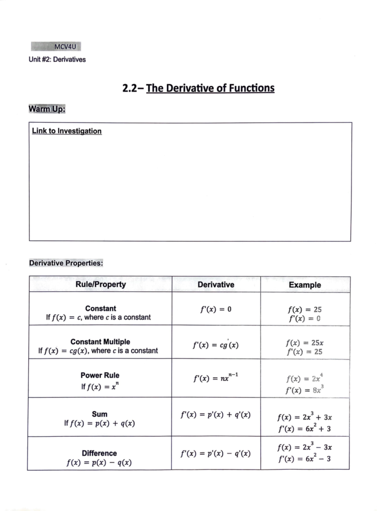 MCV4U - Unit 2 Derivatives: Solutions and Properties Explained - Studocu