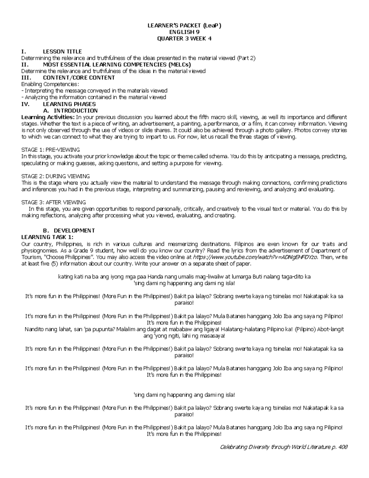 LEAP English 9 Week 4 - LEAP - LEARNER’S PACKET (LeaP) ENGLISH 9 ...