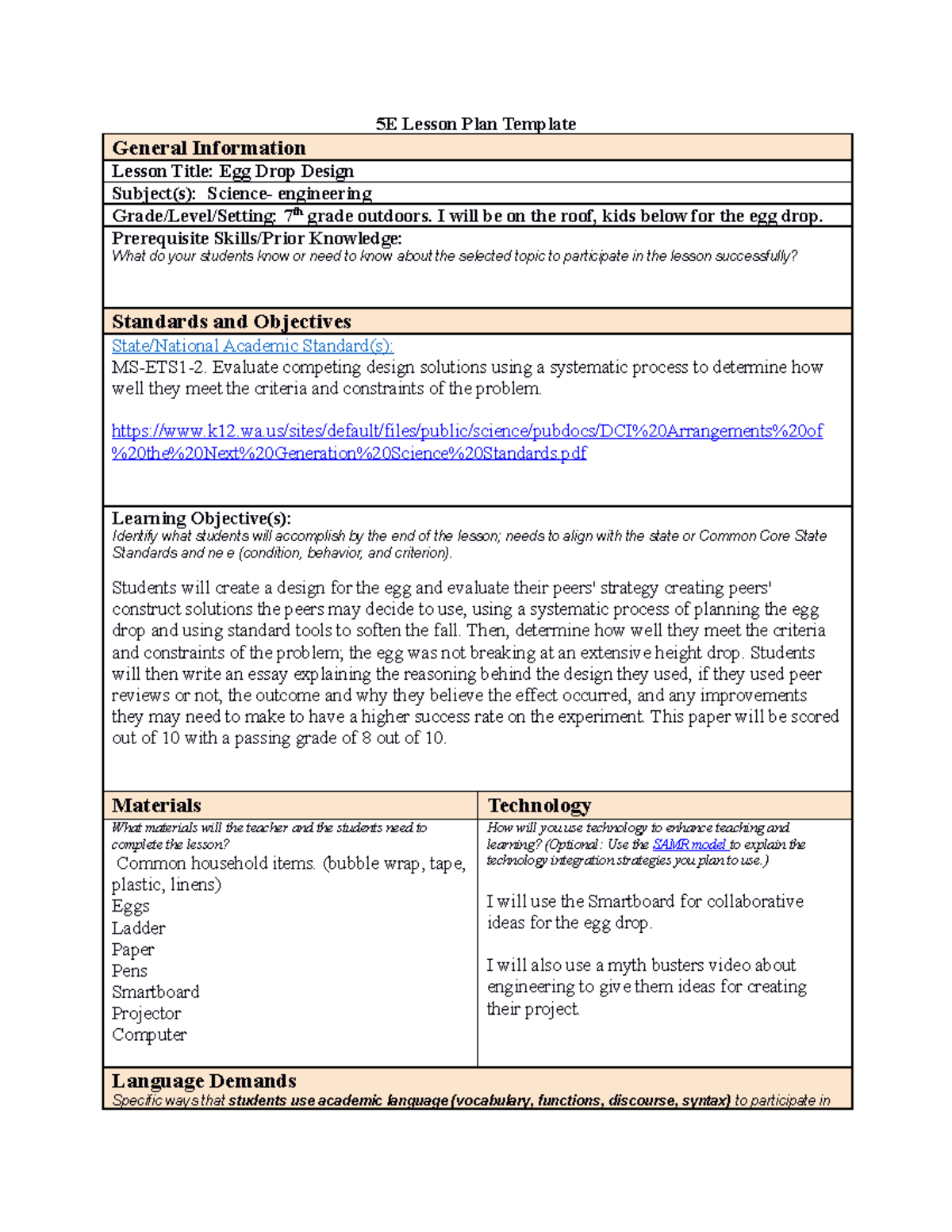 WGU 5E Lesson Plan: Egg Drop Design for 7th Grade Science - Studocu