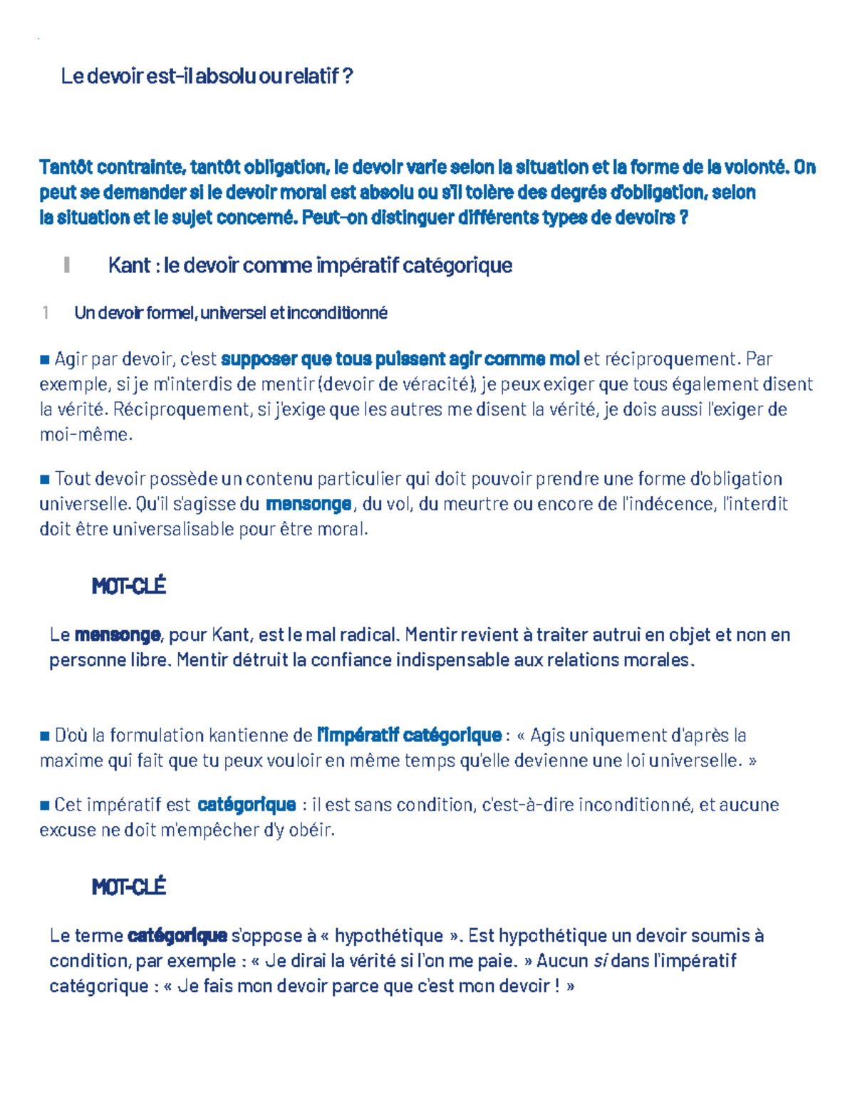 Le devoir moral : Absolu ou Relatif ? Analyse Kantienne - Studocu