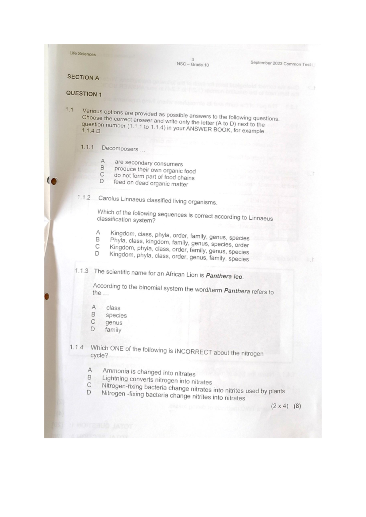 Life Sciences NSC Grade 10 September 2023 Common Test Paper - Studocu