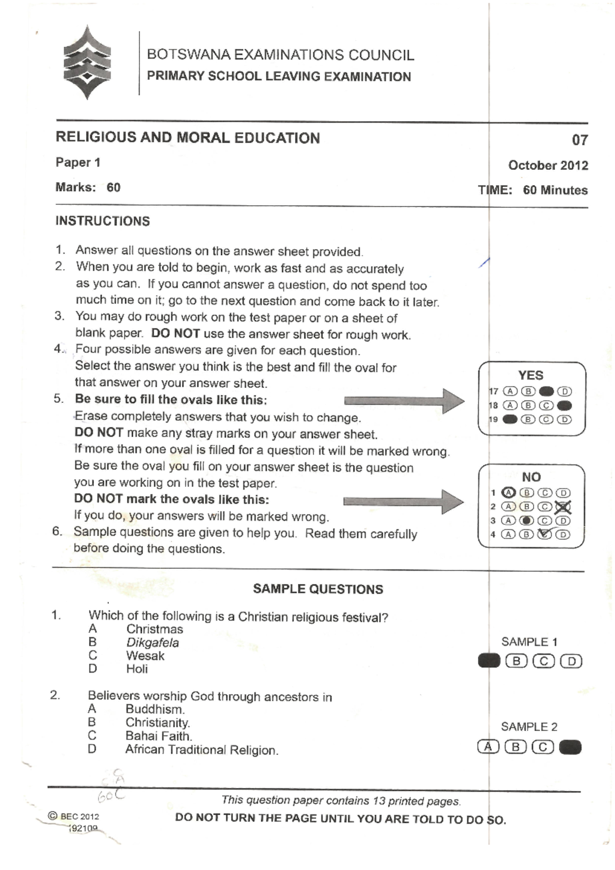 PSLE RME 2012 - Past Paper on Religious and Moral Education - Studocu