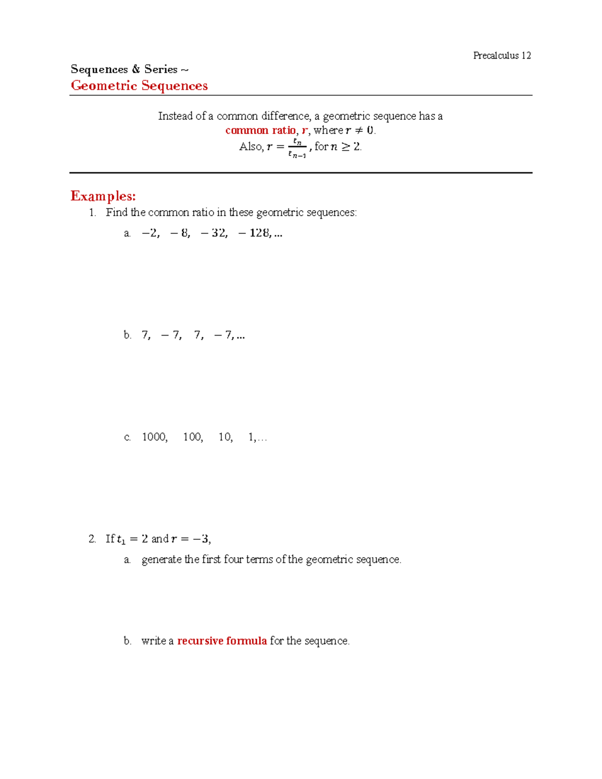 Precalculus 12 Lecture: Geometric Sequences and Series - Studocu