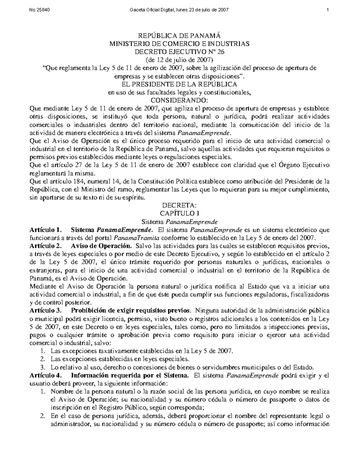 Reglamento sobre el Sistema PanamaEmprende: Decreto Ejecutivo N° 26 ...