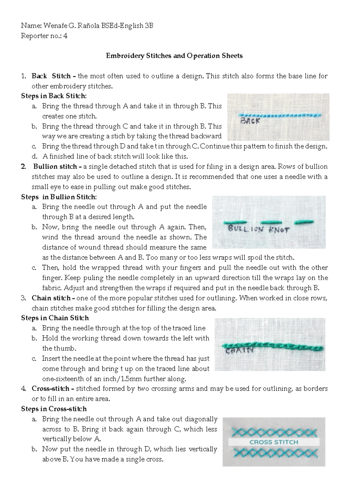 Embroidery Techniques: Stitches & Operations - Lecture Notes 3B - Studocu