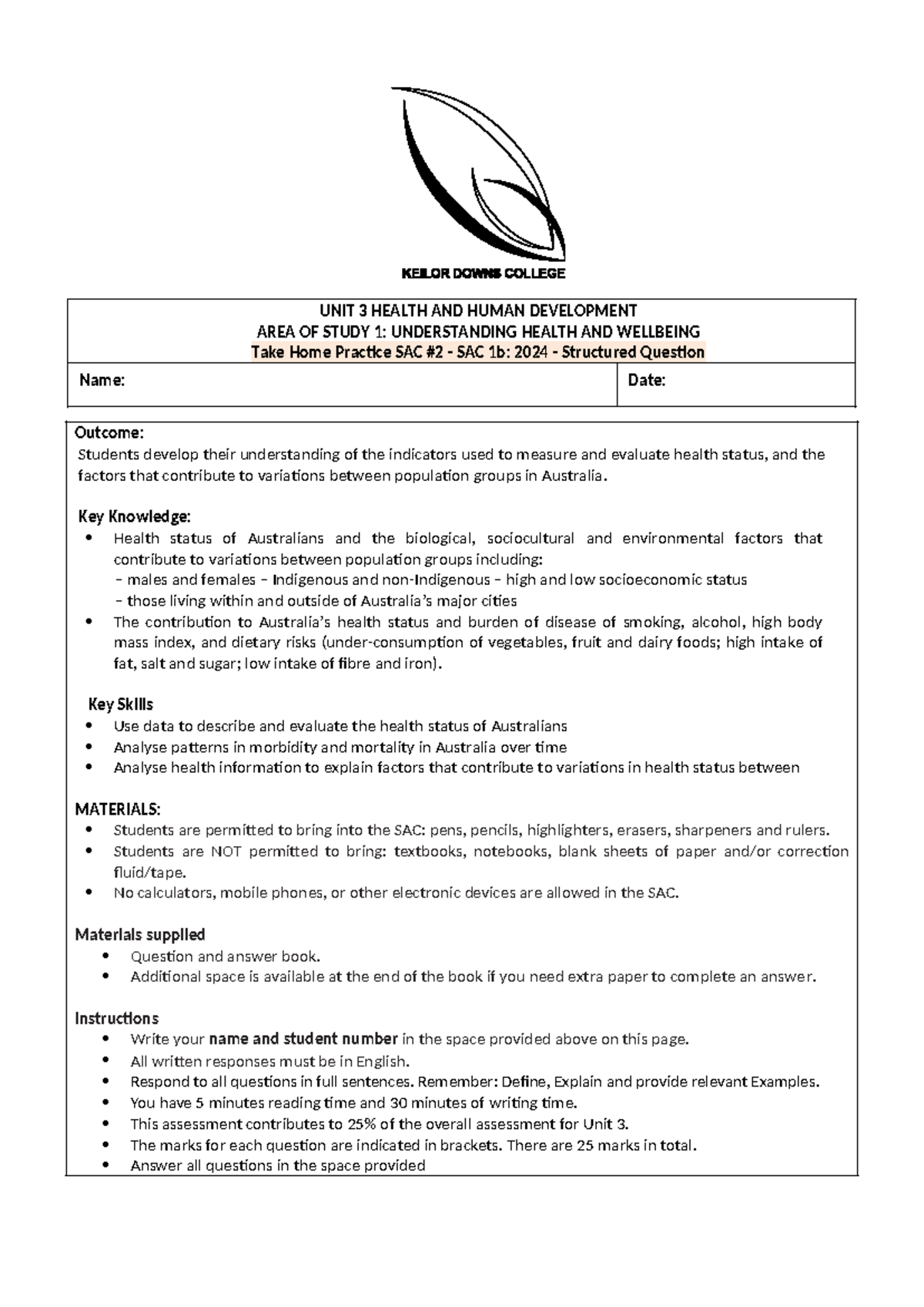 Unit 3 Health & Human Development: Take Home Practice SAC 1b (2024 ...