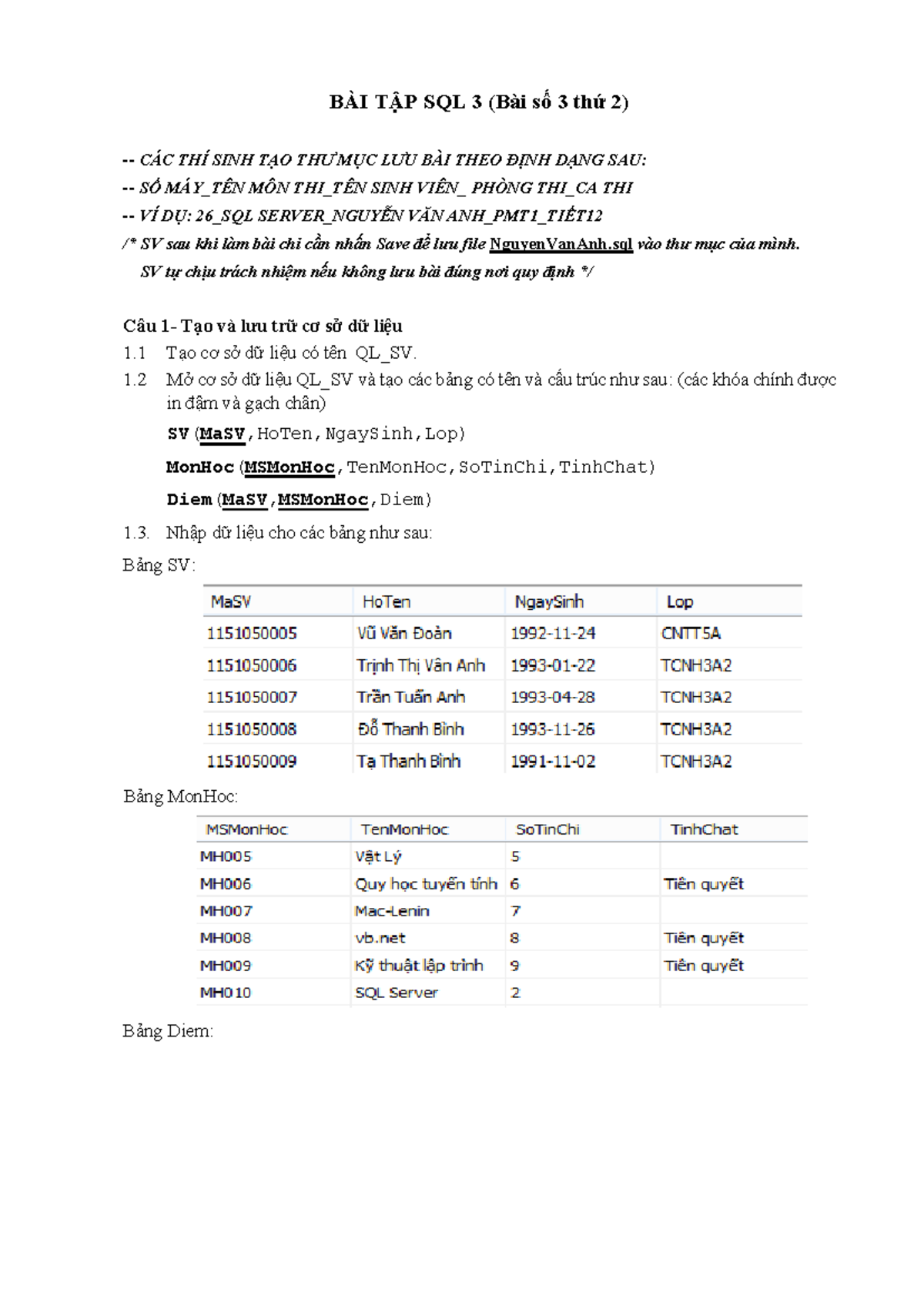 BÀI TẬP SQL 3: Tạo Cơ Sở Dữ Liệu và Bảng Dữ Liệu - Studocu