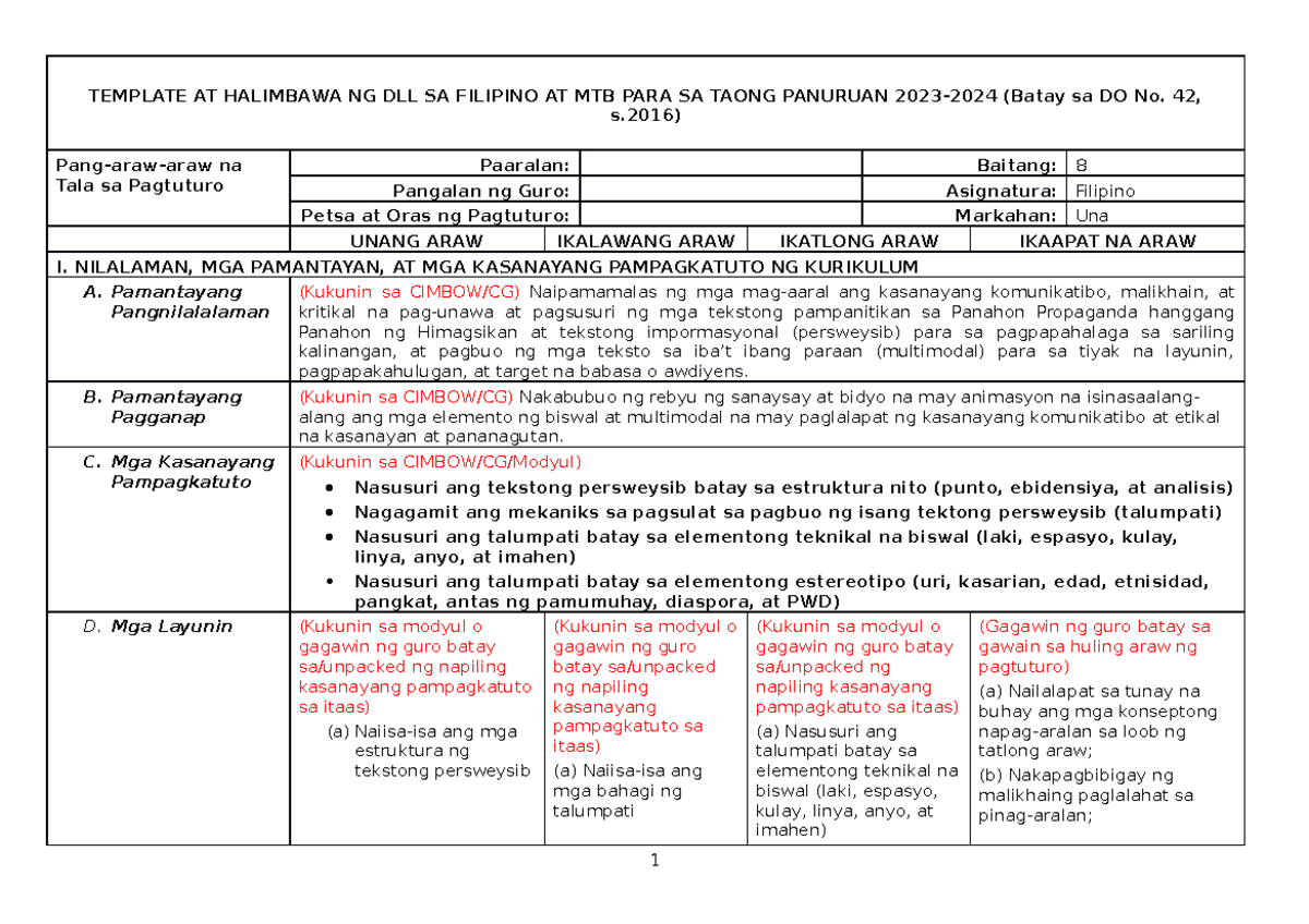 DLL- Template ng Daily Lesson Log para sa Filipino 8 (SY 2023-2024 ...