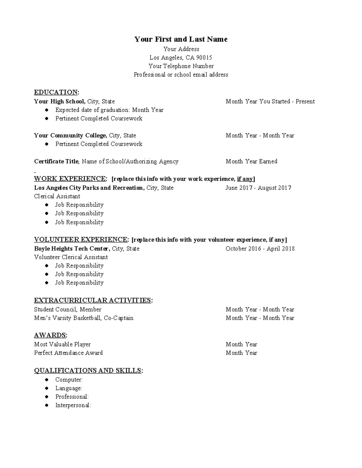 CTE-Linked Learning Resume Template - Your First and Last Name Your ...
