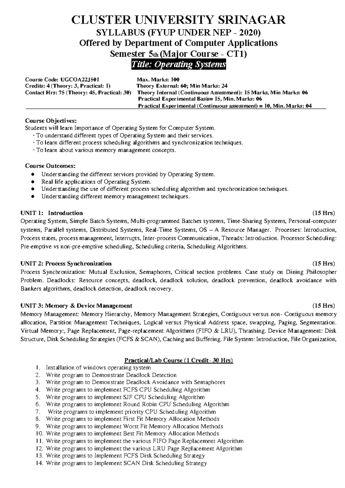 Operating Systems Syllabus - UGCOA22J501 (5th Sem) - Studocu