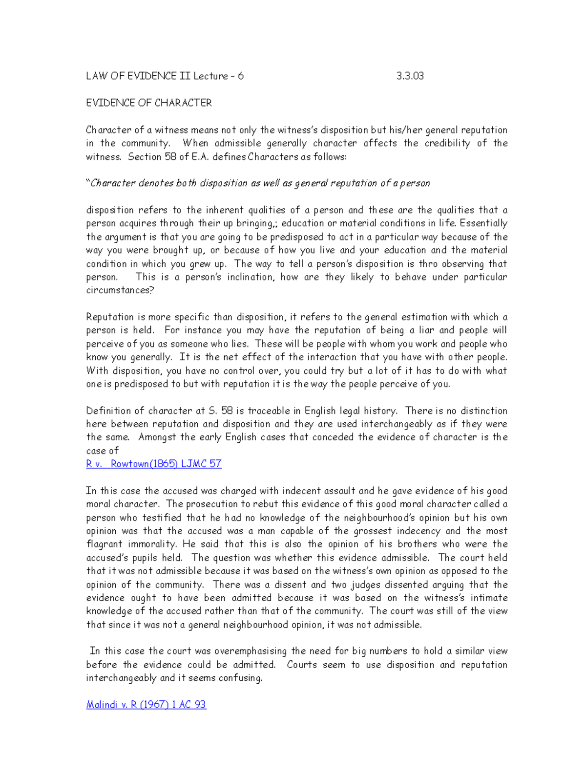 Evidence of Character+Opinion Character - LAW OF EVIDENCE II Lecture ...